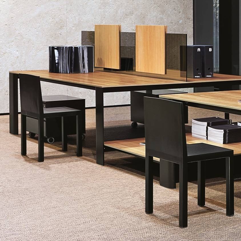 Contemporary table - DIVILUX - wooden / glass / metal base