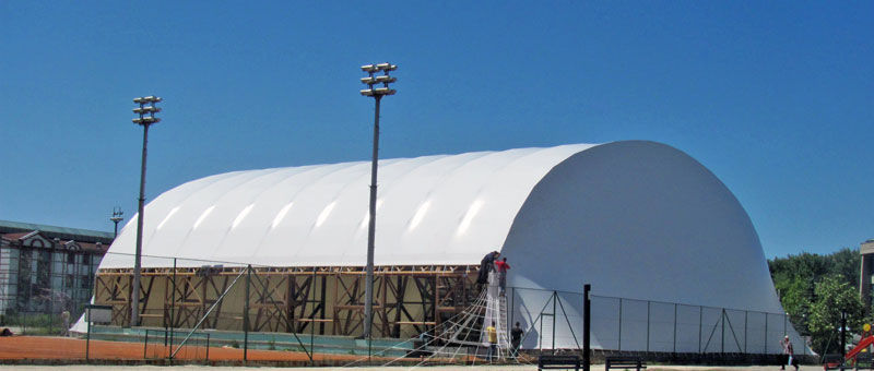 Metal frame tensile structure - ArTech - wooden frame / with PVC ...