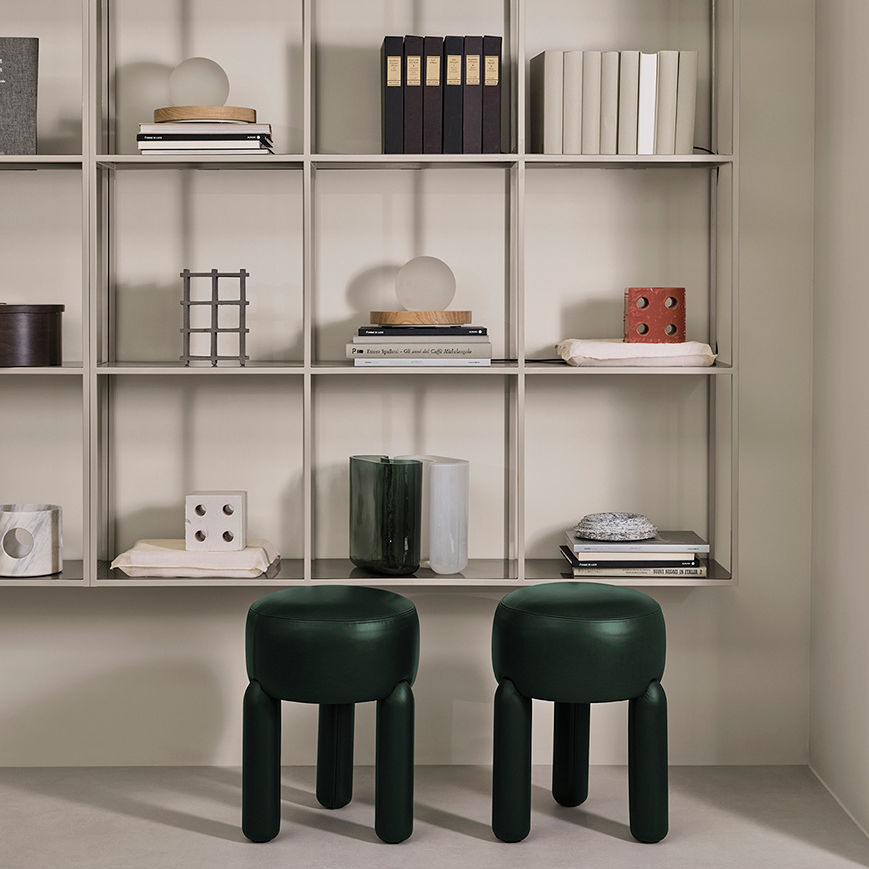 Contemporary pouf - GINO - MERIDIANI - leather / wooden / fabric