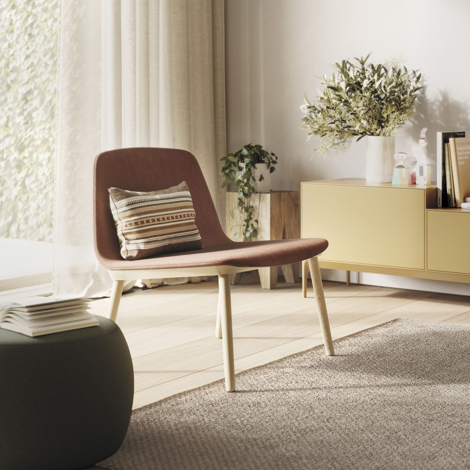 Contemporary fireside chair - BISELL - TREKU - fabric / wooden / gray