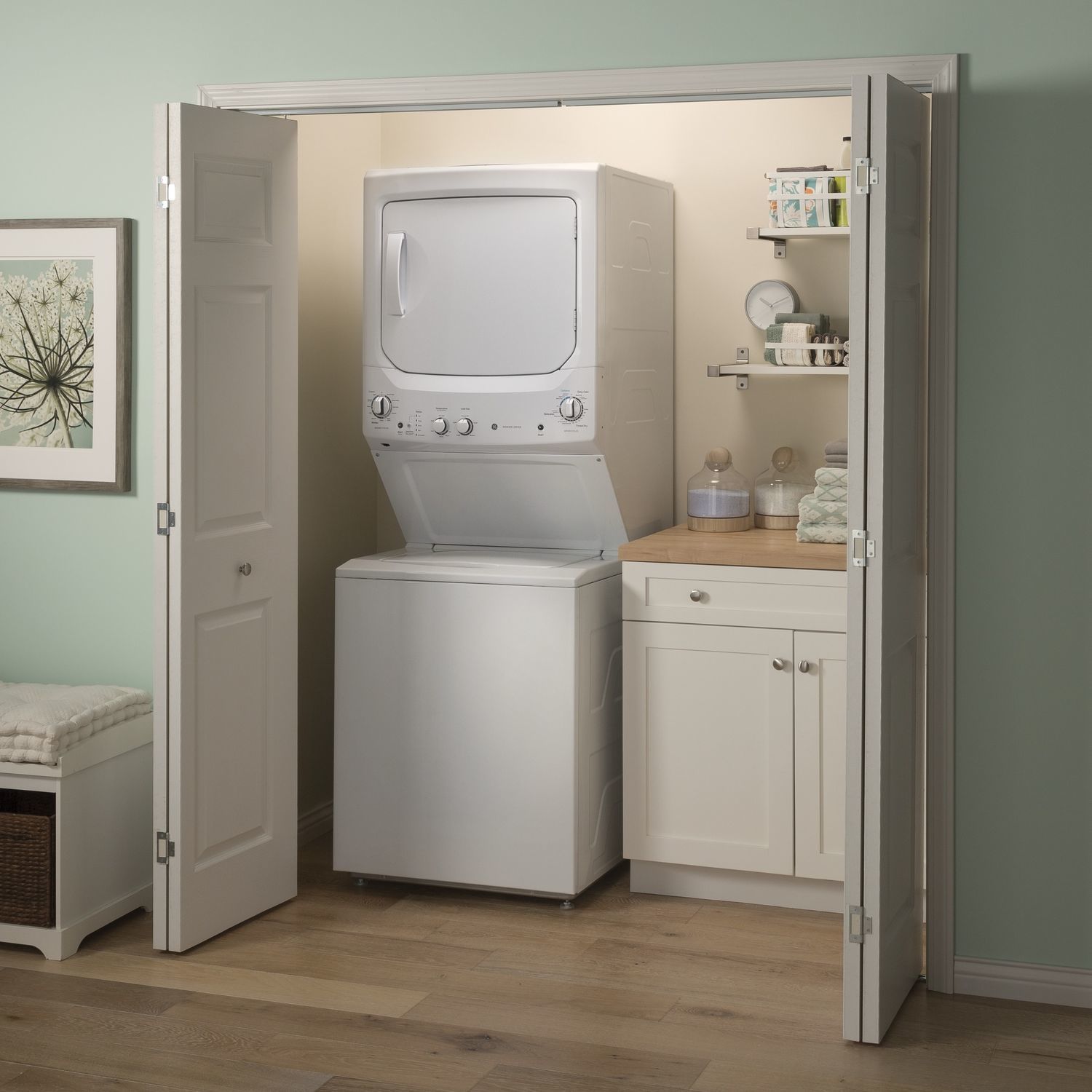 Floor-mounted washer-dryer - GUV27ESSMWW - general electric - stackable