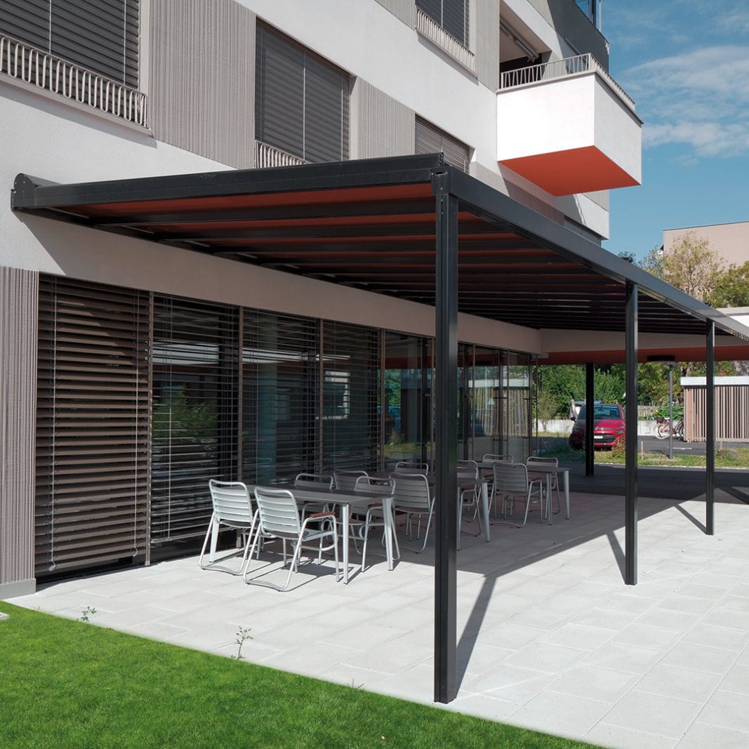 Patio canopy - TD 2 - Schenker Stores - aluminum / fabric / glass