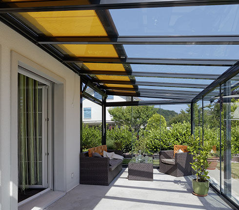 Patio canopy - TD 1 - Schenker Stores - aluminum / glass / flat