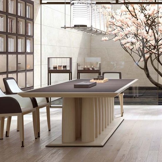 Contemporary table - ZITO - DIMENSIONE CHI WING LO - wooden / stone / leather