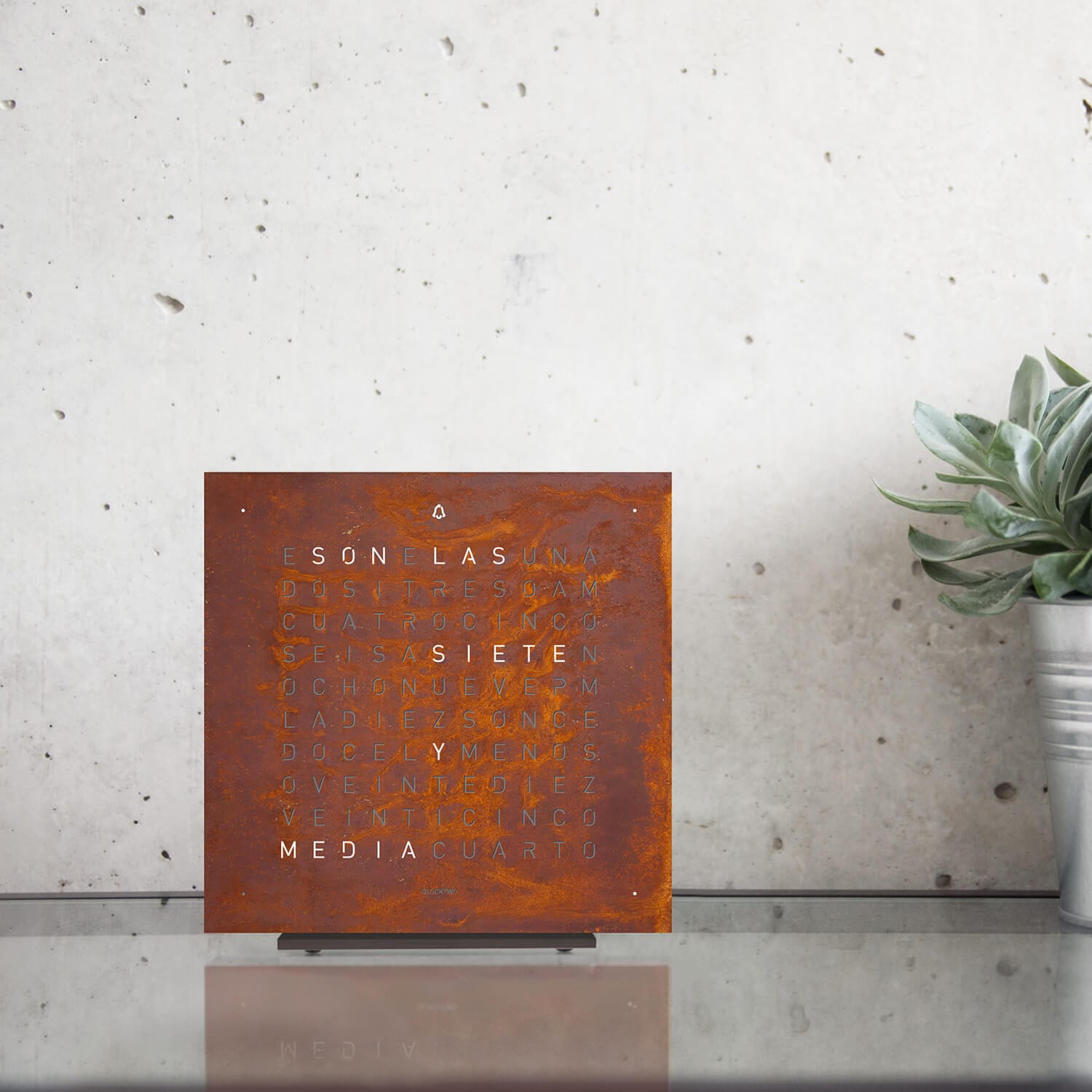 Contemporary clock - RUST - qlocktwo - table / LCD digital display / steel