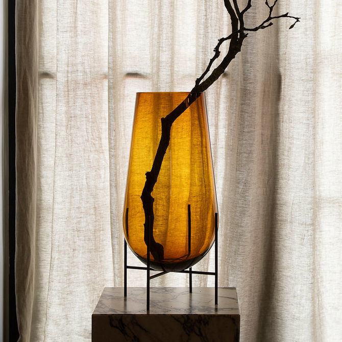 Contemporary vase - ÉCHASSE - AUDO - smoked glass / brass / table