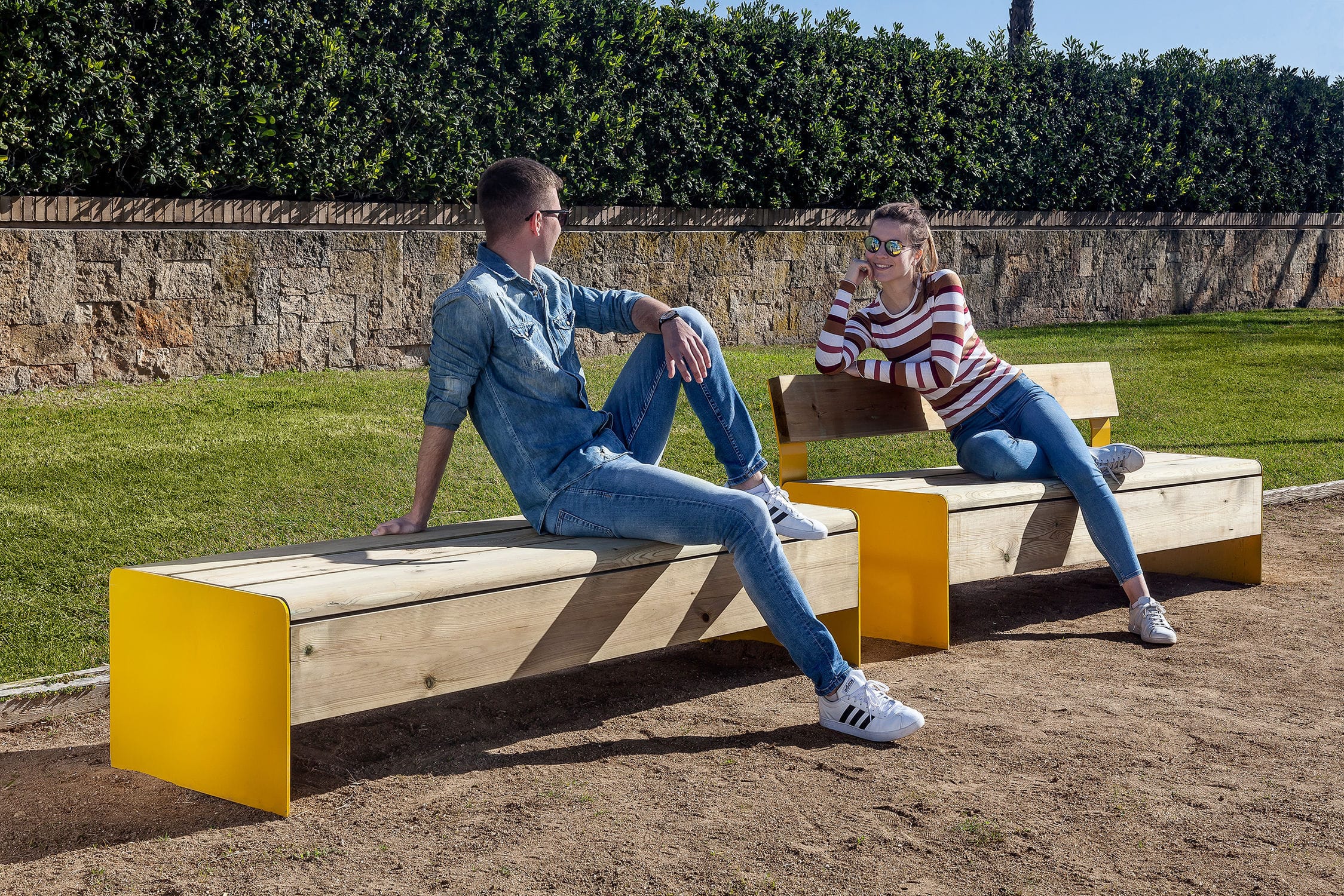 Contemporary public bench - Bru - Durbanis - wooden / painted metal ...