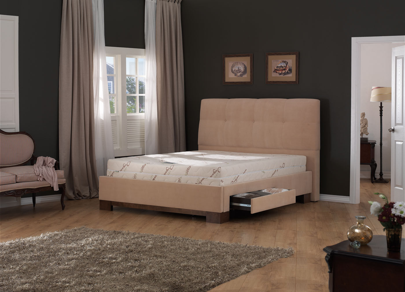 Double bed - NEPTÜN - ISBIR - contemporary / with drawer / fabric