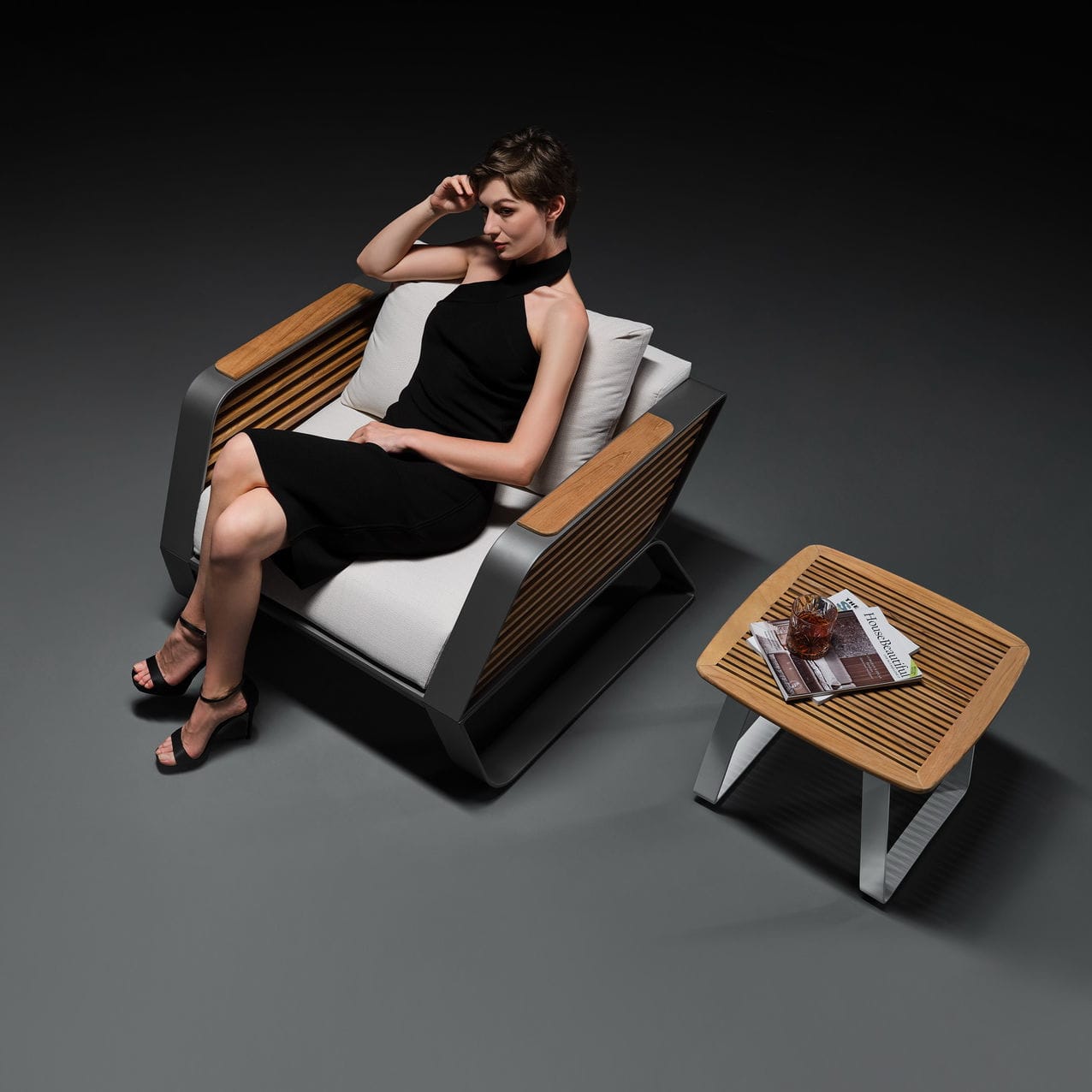 Contemporary side table - WING - Higold - teak / aluminum base / square