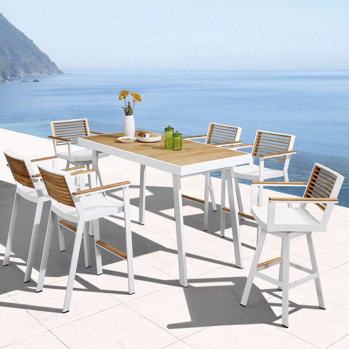 Contemporary high bar table - YORK - Higold - teak / aluminum base ...