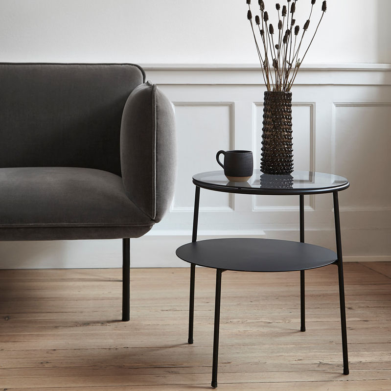 Contemporary side table - DUO - WOUD - smoked glass / metal base / round