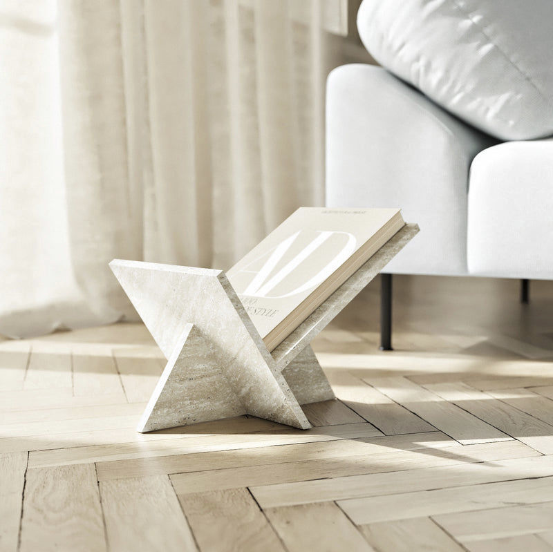 Contemporary magazine rack - MOUNTAIN - WOUD - home / travertine / beige