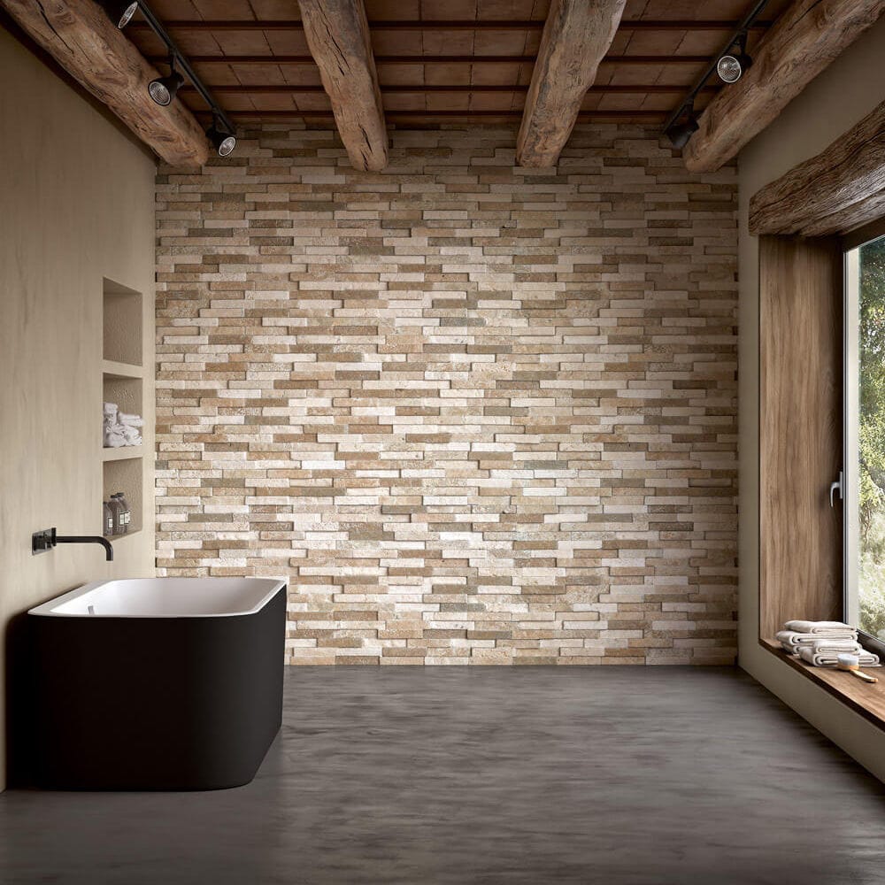 Natural stone tile - BRICKS - Lafornasa - travertine / textured / indoor