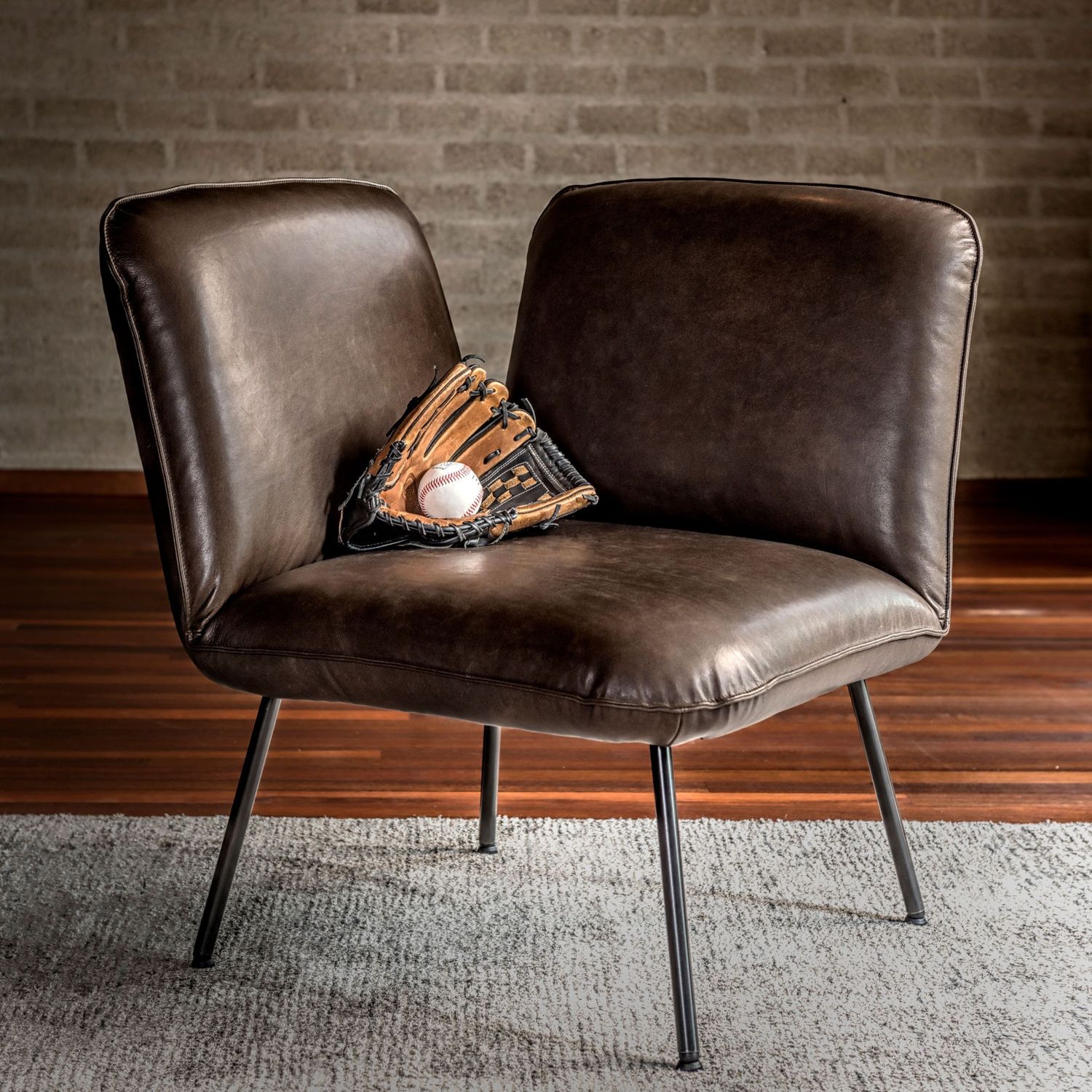 Contemporary fireside chair - SHUFFLE - Jess - leather / steel / brown