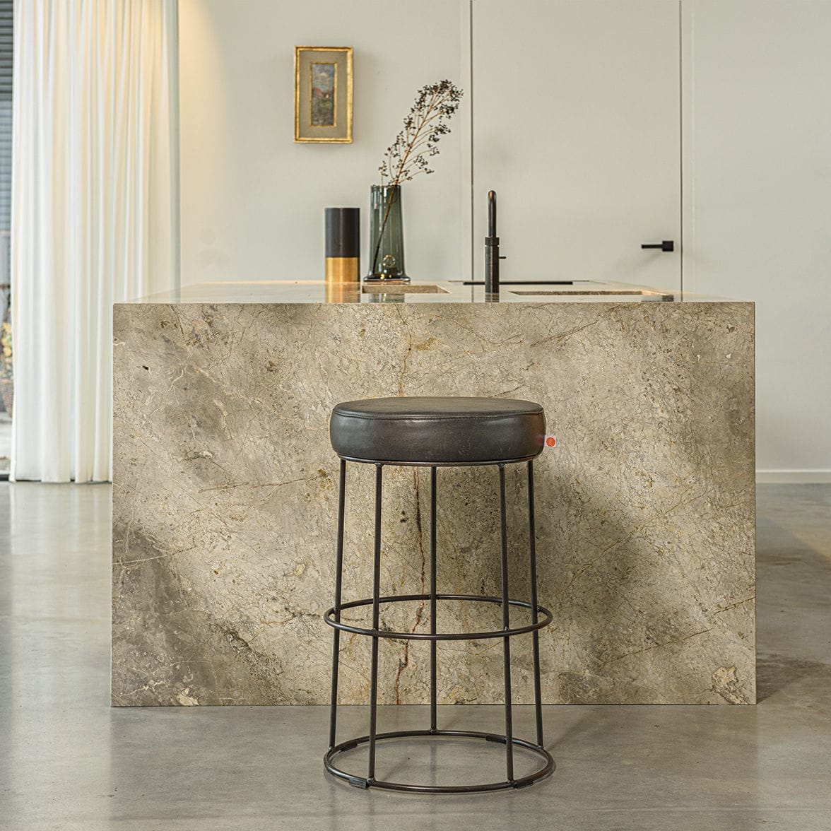 Contemporary bar stool - Cody - Jess - leather / steel base / central base
