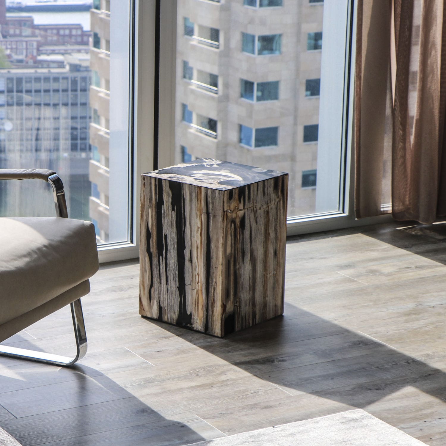 Contemporary stool - Unik - wooden / petrified wood / central base