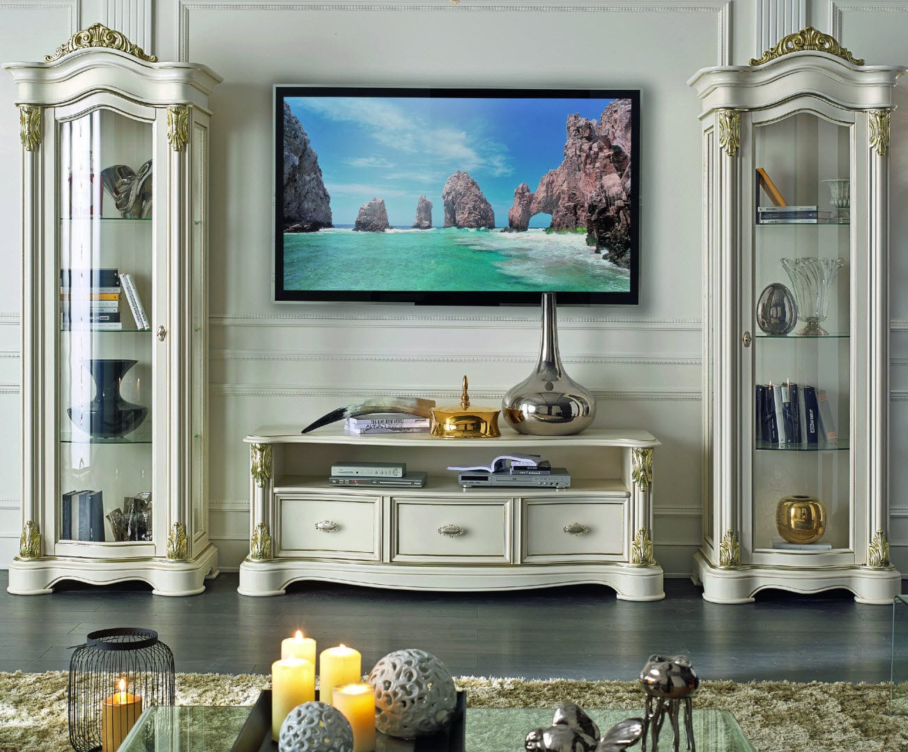 Classic TV wall unit - ROMA - ORSITALIA - solid wood / glass
