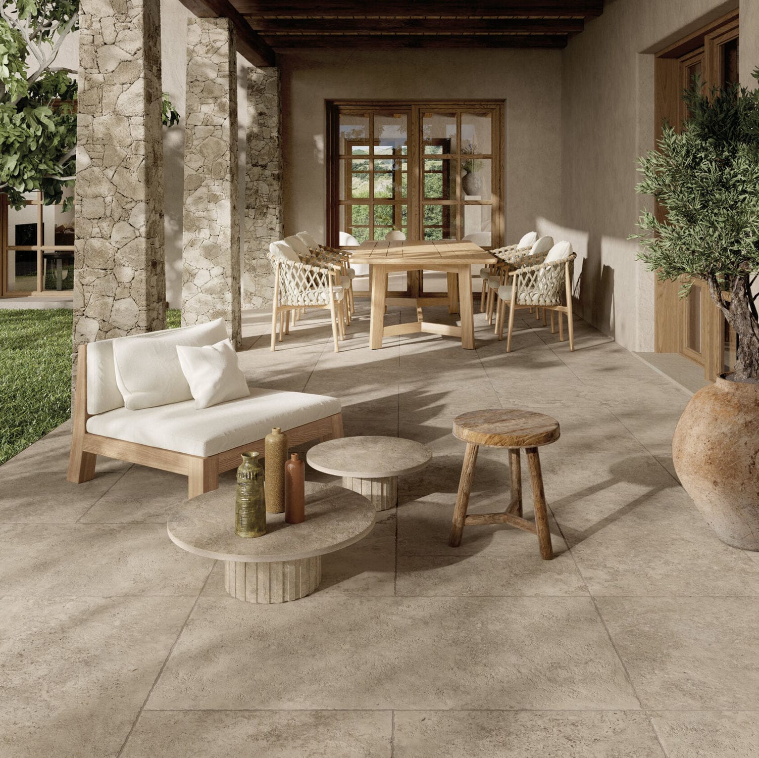 Travertine tile - TIBUR - KRONOS CERAMICHE - matte / structure / outdoor