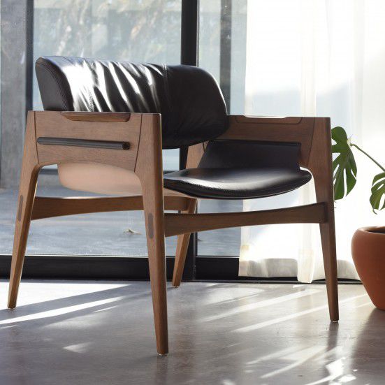 Contemporary armchair - THEO - Moora - leather / fabric / wooden