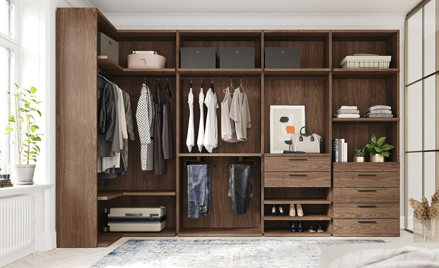 Corner walk-in wardrobe - Mobenia - contemporary / laminate / with drawers