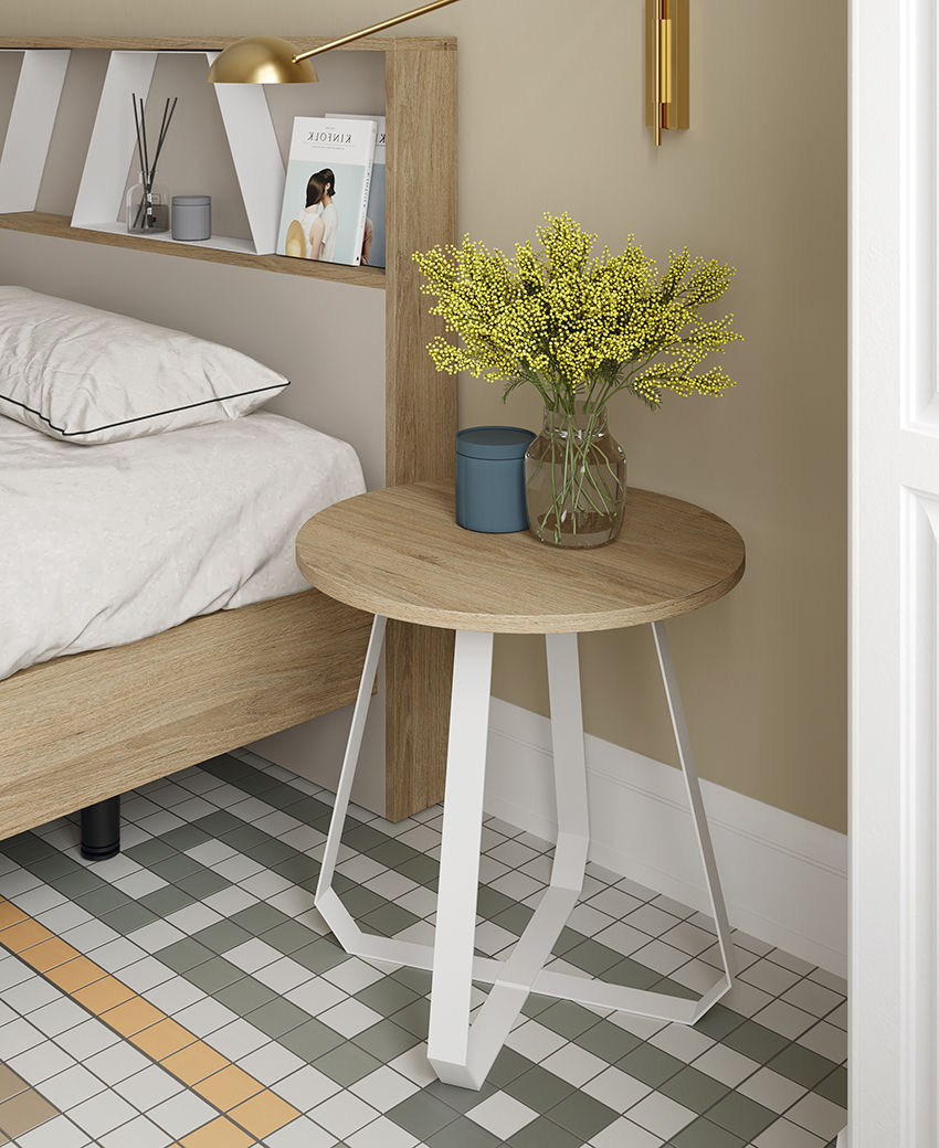 Contemporary bedside table - Tama - Mobenia - laminate / metal base / round
