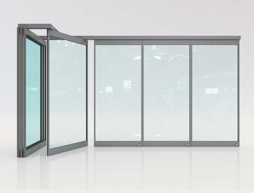 Folding partition - F3 - Salinox - with glass panel / aluminum / commercial