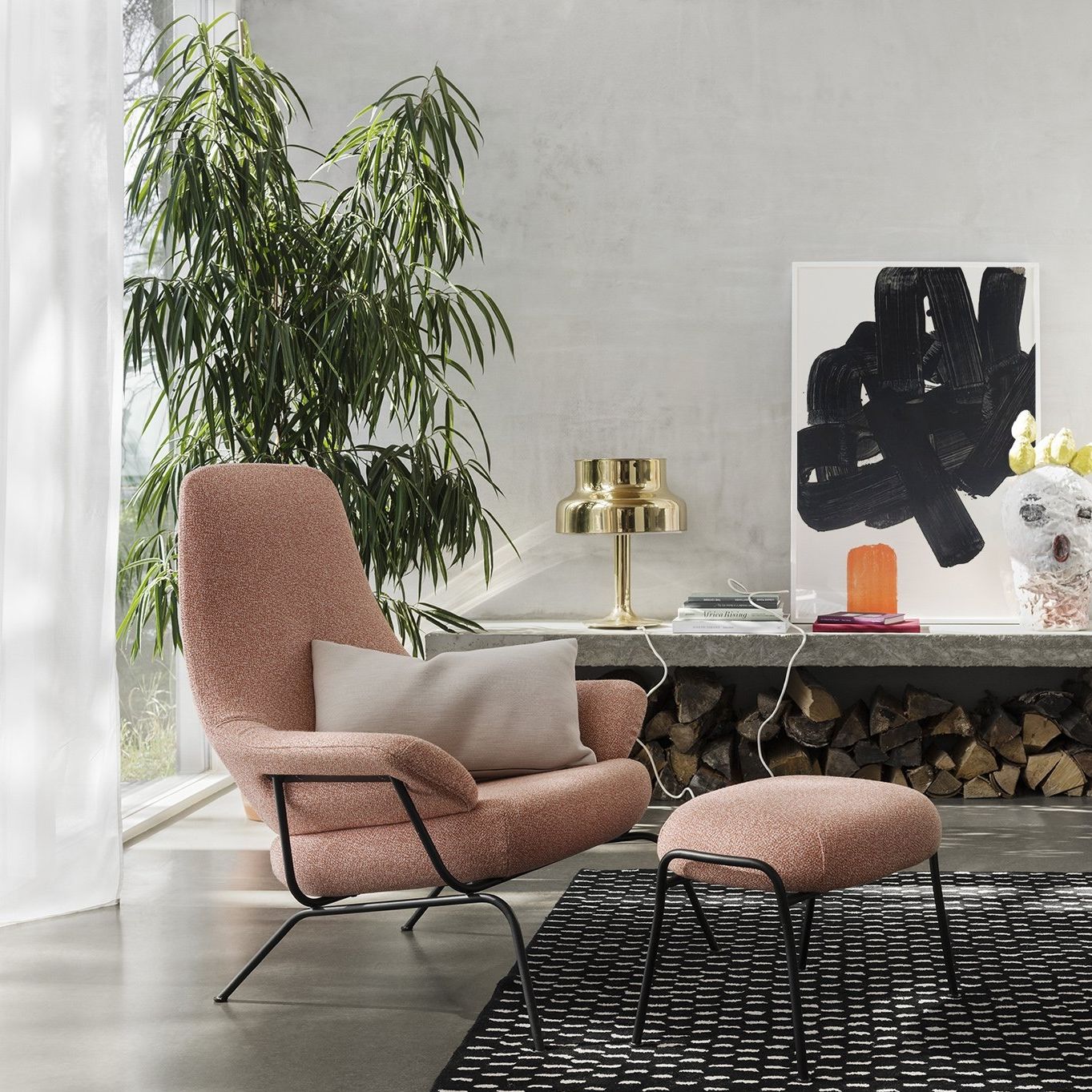 Contemporary lounge chair - HAI - hem - fabric / steel / with footrest