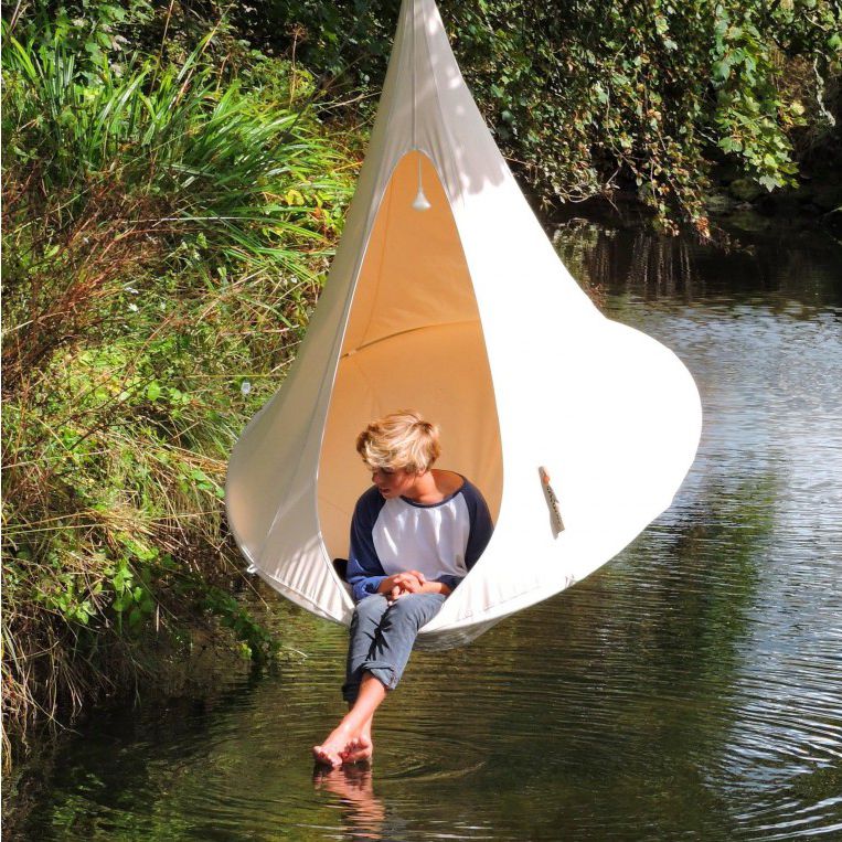 Contemporary armchair - SINGLE - cacoon - fabric / hanging / gray