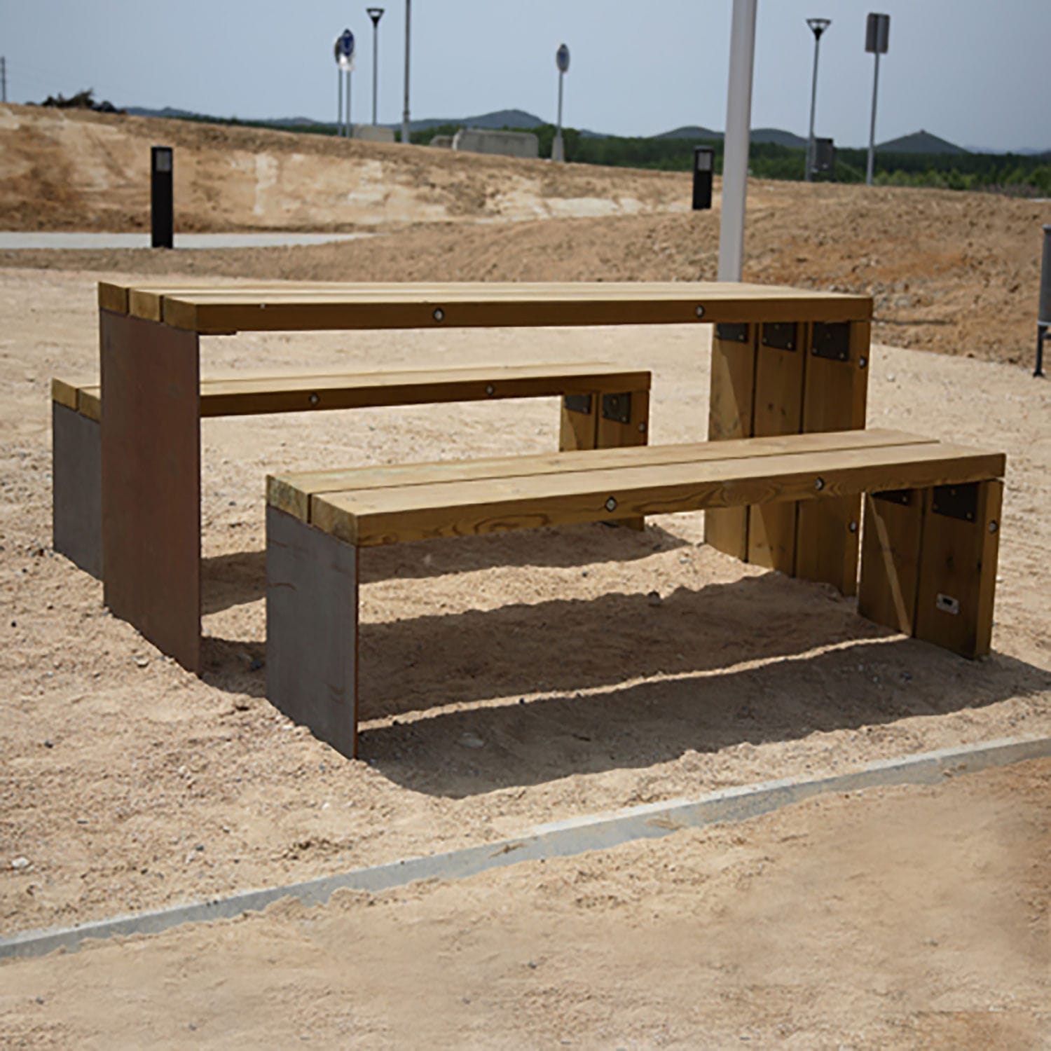 Contemporary table and bench set - Woodscape. - pine / COR-TEN® steel ...