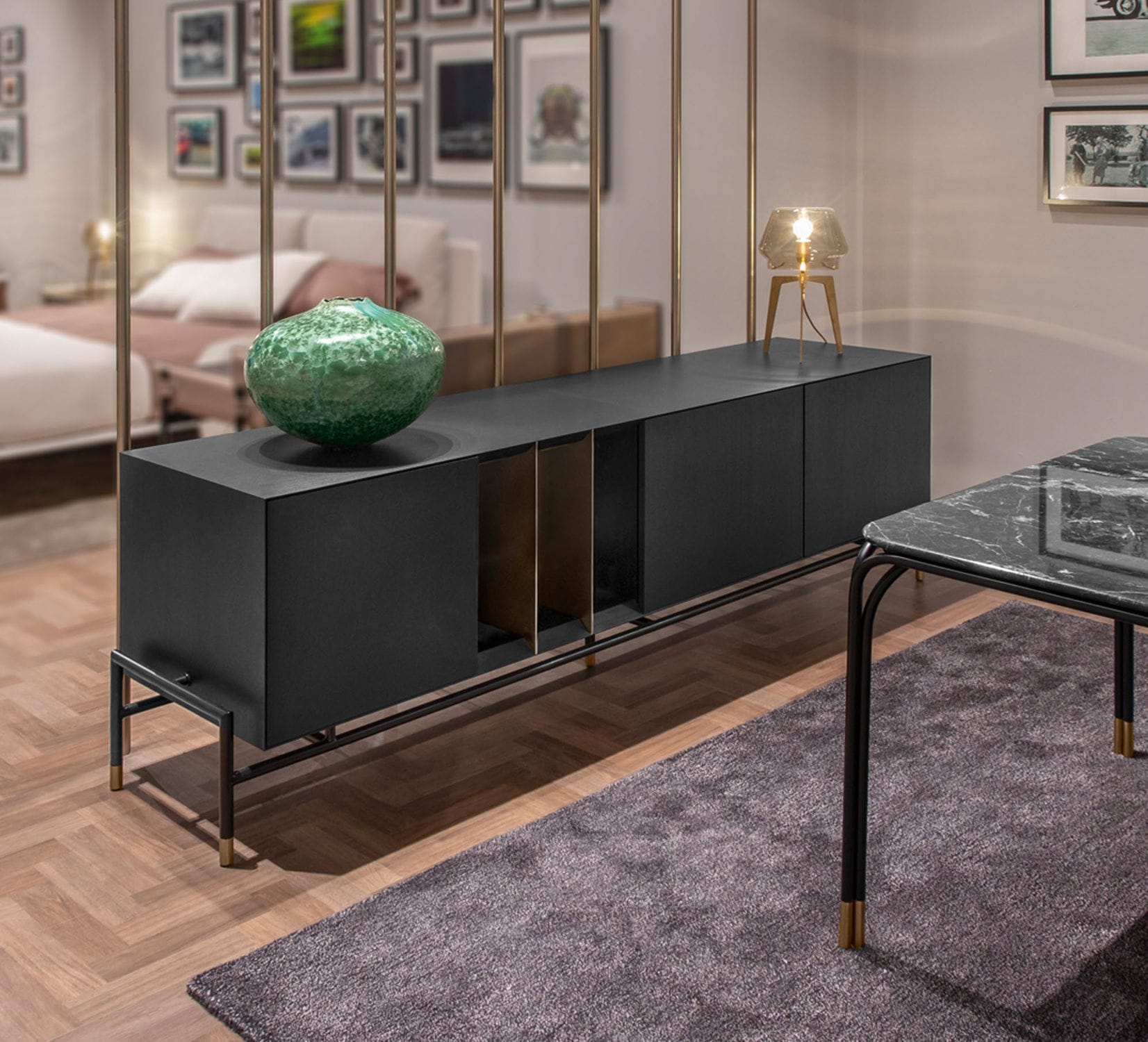 Contemporary sideboard / wood veneer / lacquered metal / for hotel ...