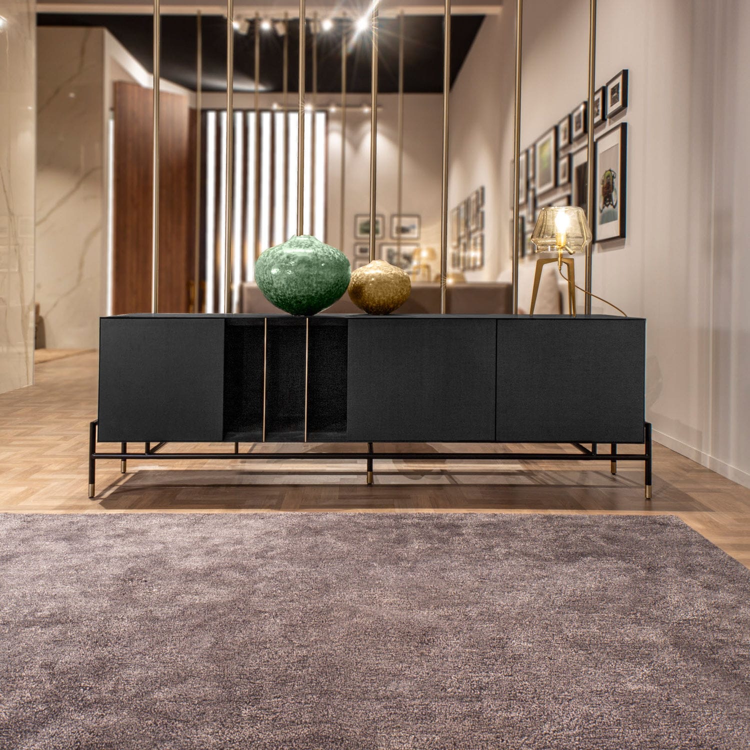 Contemporary sideboard / wood veneer / lacquered metal / for hotel ...