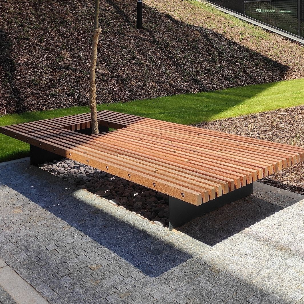 Contemporary public bench - ROSTY - STREETPARK s.r.o. - steel / wooden / without backrest