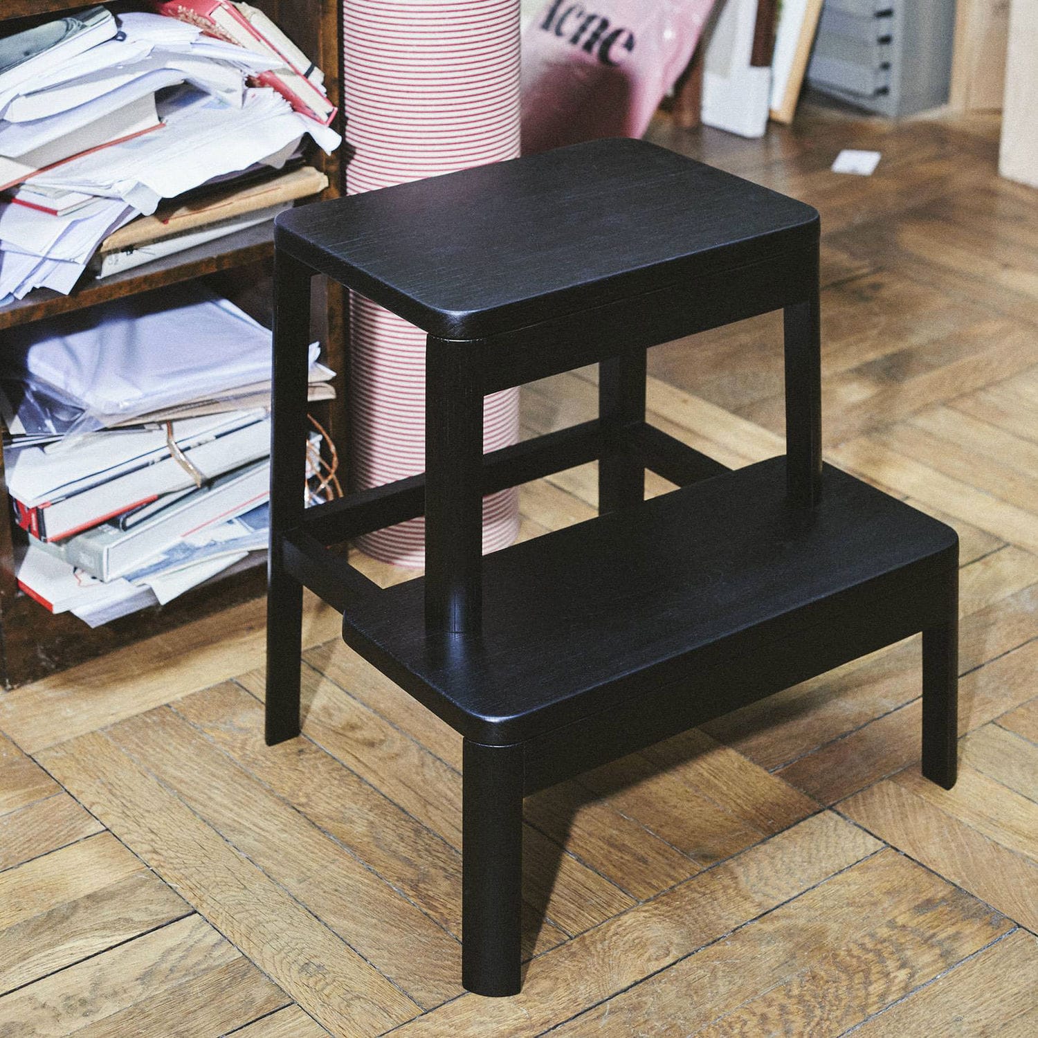 Contemporary stool - ARISE - MILLION - oak / with footrest / black