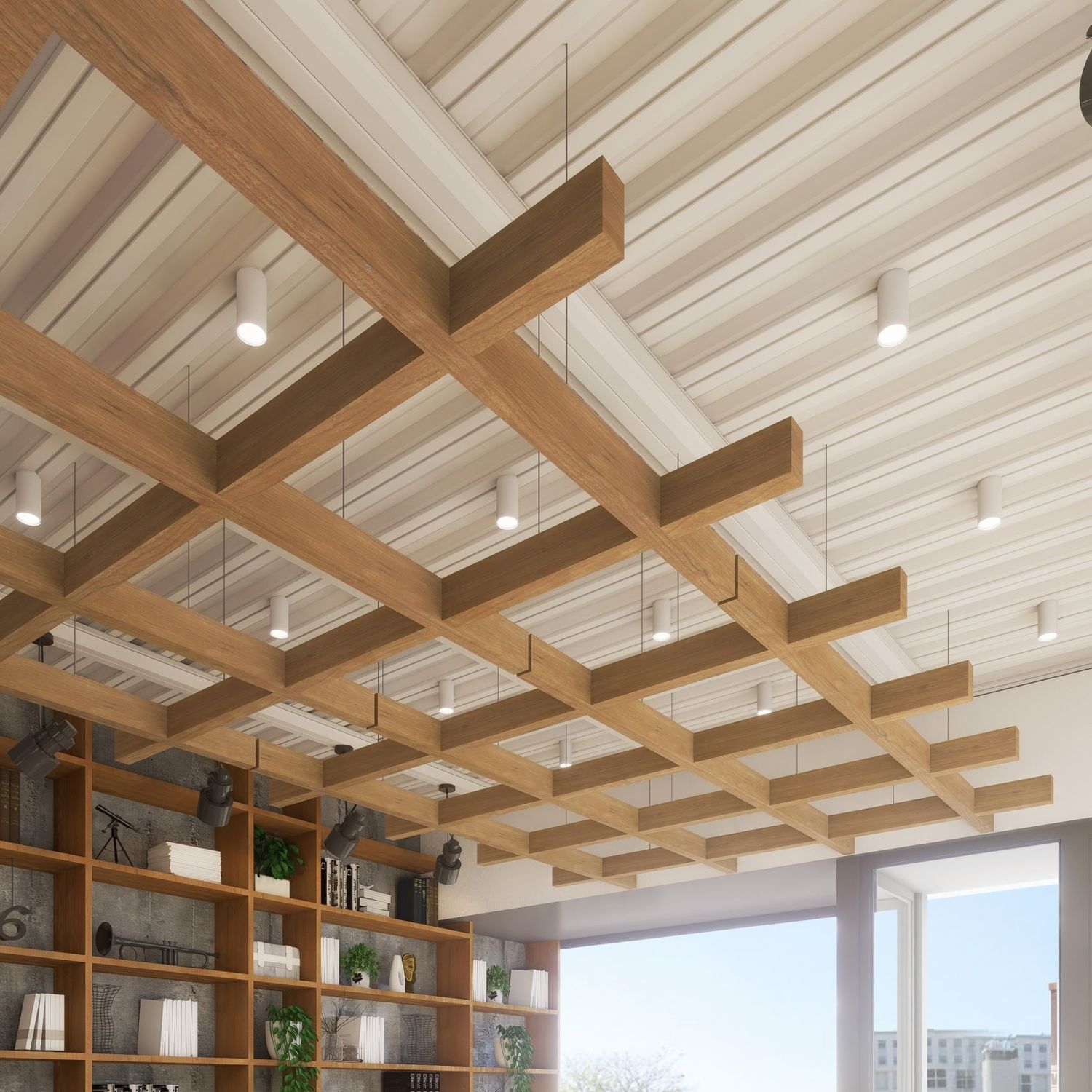 Wooden acoustic baffle - FREE GRID - The Acoustics Company SAS - ceiling / square / fire-retardant