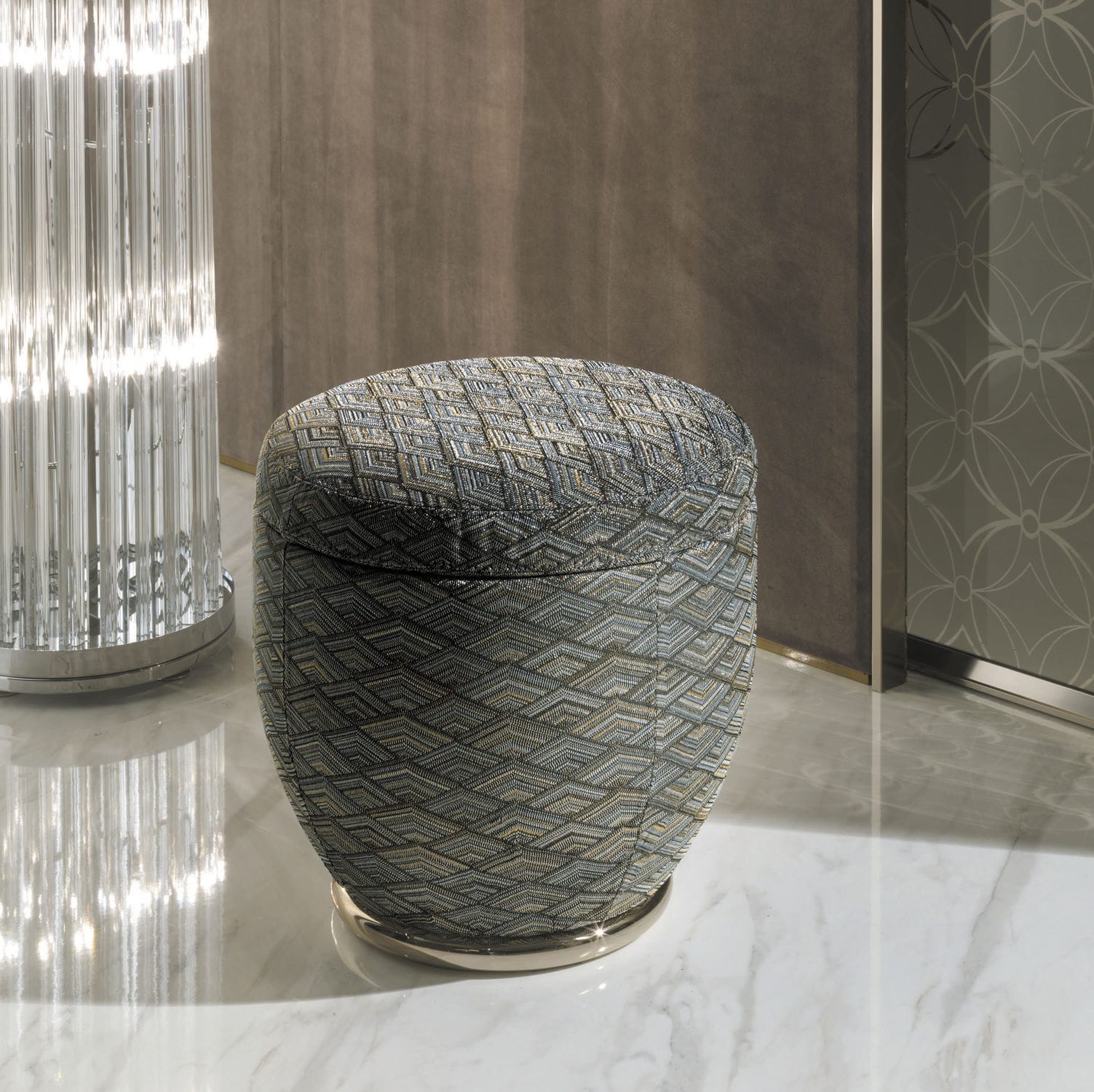 Contemporary pouf - GODWIN - LONGHI S.p.a. - fabric / leather / round