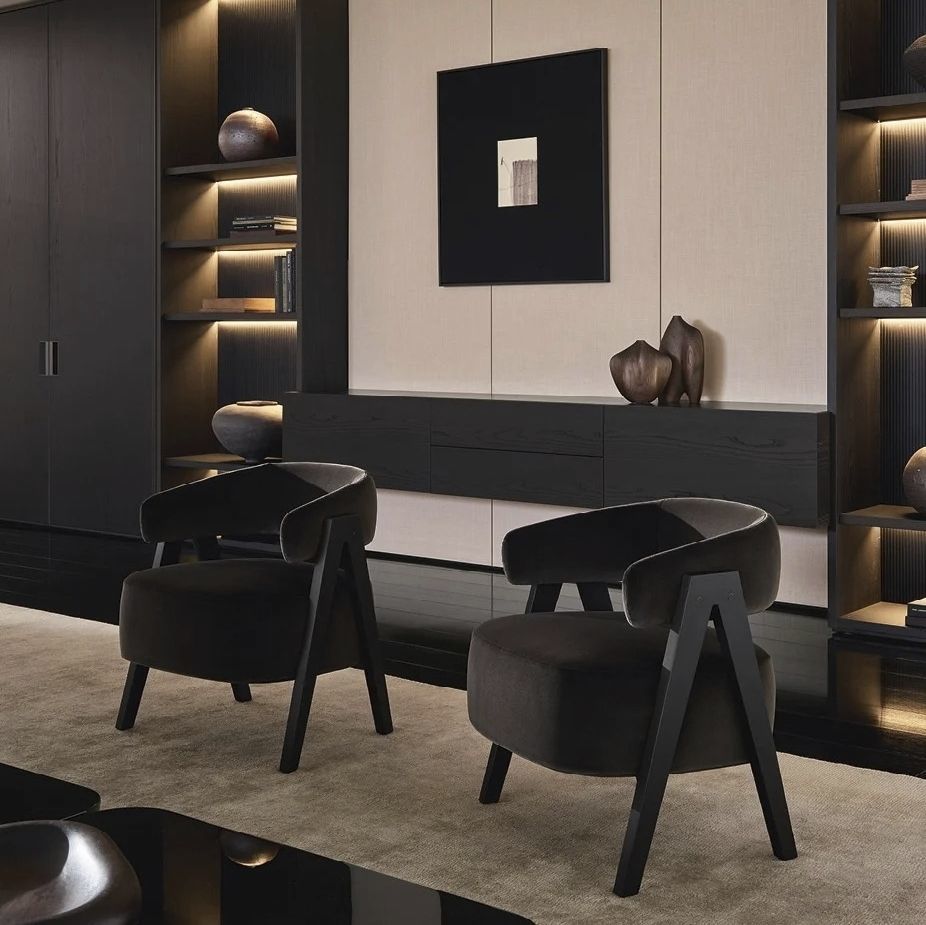 Contemporary armchair - LOAI - Poliform - fabric / leather / solid wood