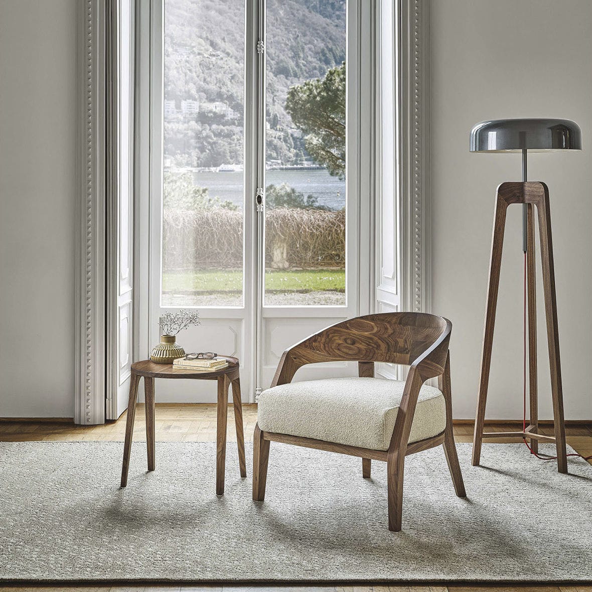 Contemporary armchair - Alba - Porada - fabric / leather / walnut