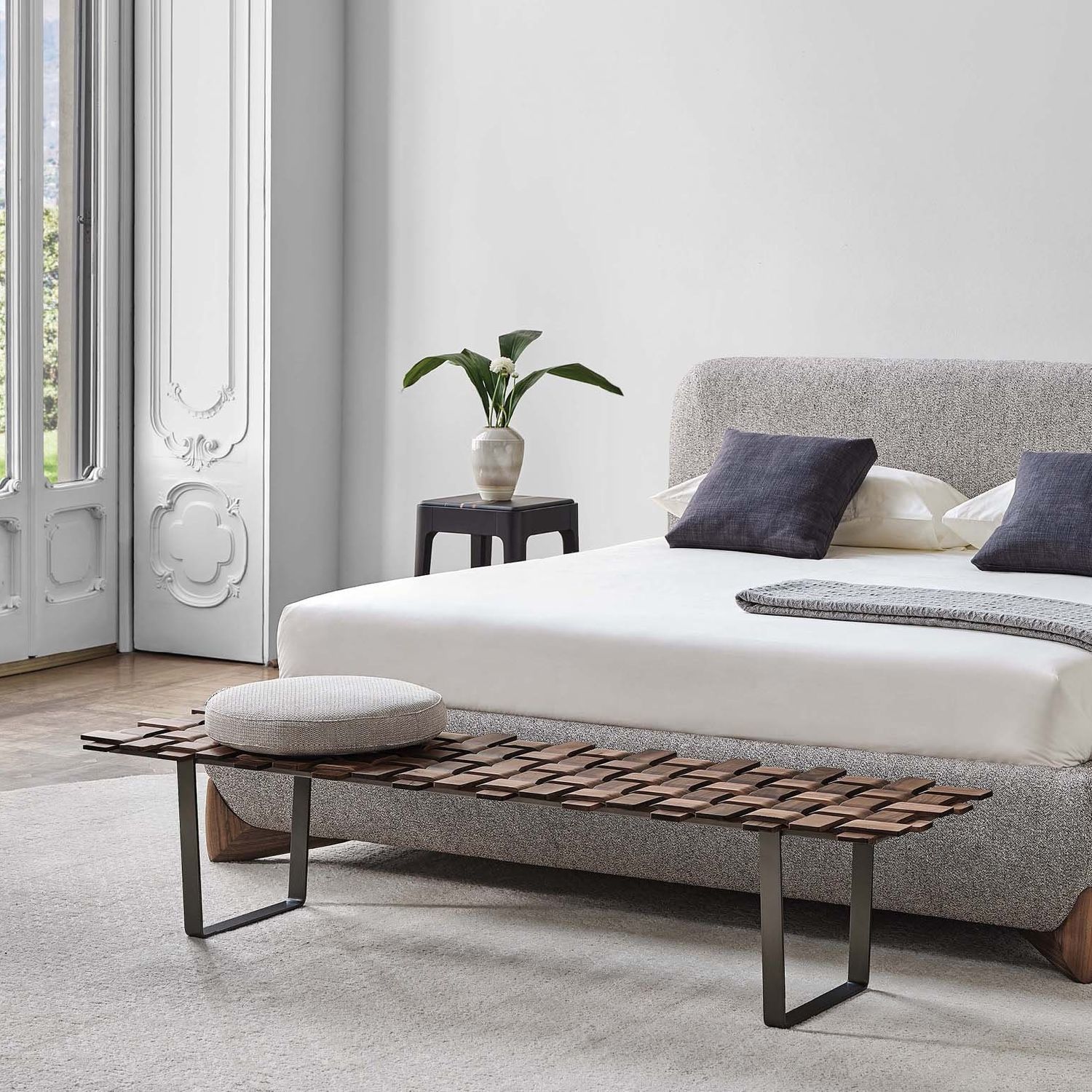 Contemporary bed bench - BELT - Porada - metal / walnut / fabric