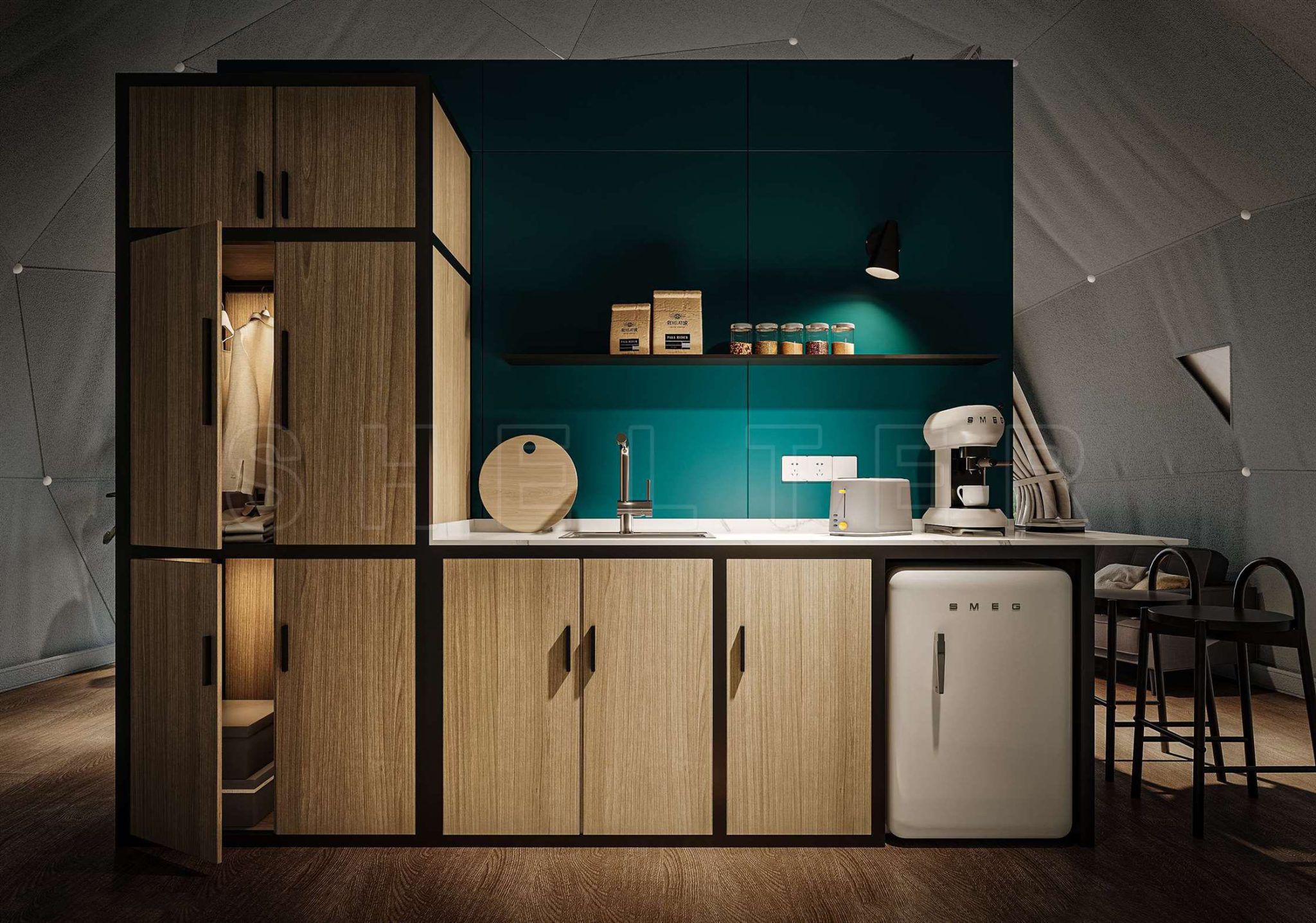 Contemporary kitchen - Shelter Dome - wood veneer / modular / white