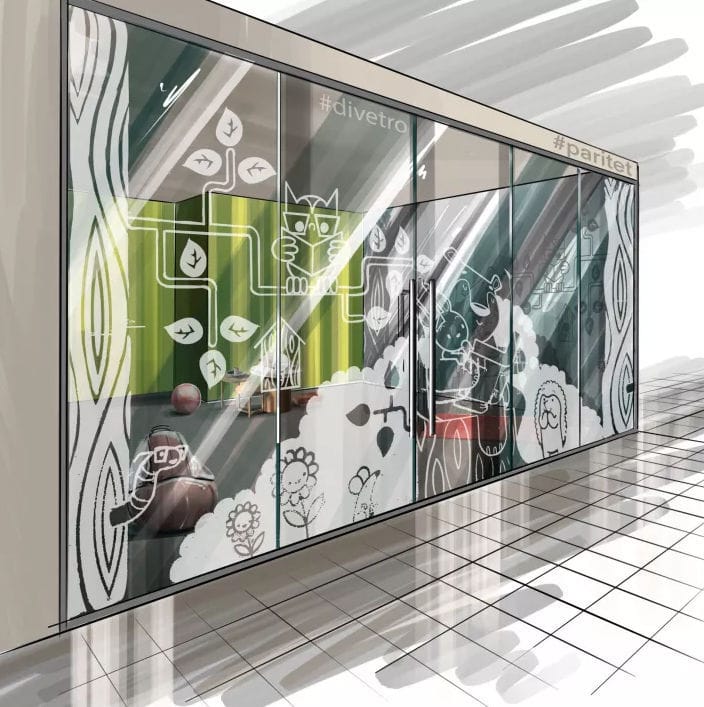 Fixed partition - PARITET LLC - with glass panel / PVC / commercial