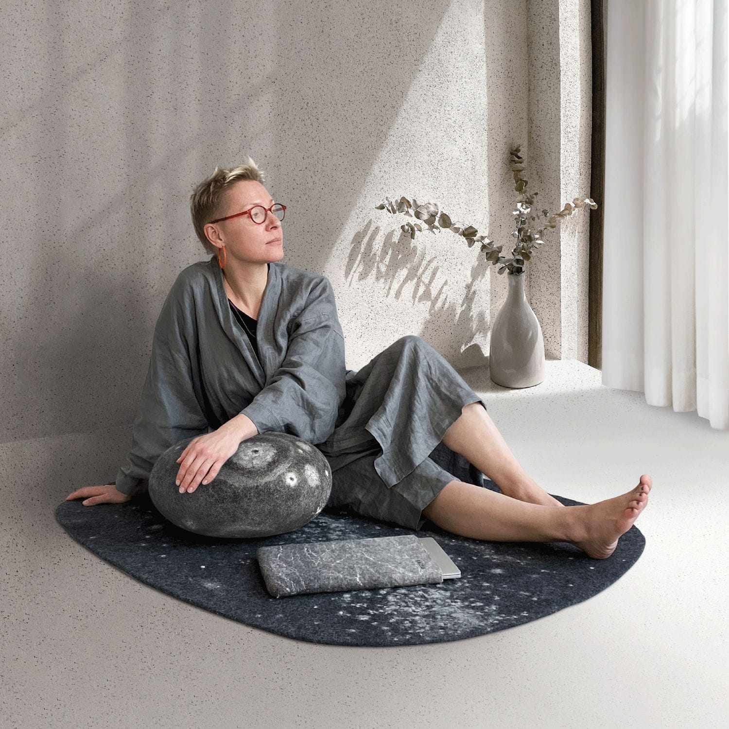 Contemporary pouf - WELLNESS KIT - Katsu Stones - wool / round / handmade