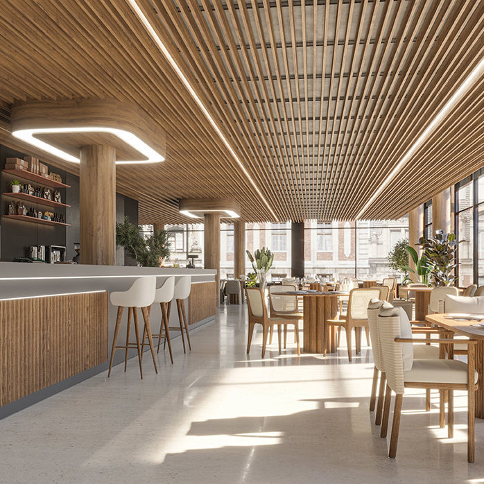 Wooden suspended ceiling - Saxun by Gimenez Ganga - strip / for dining ...