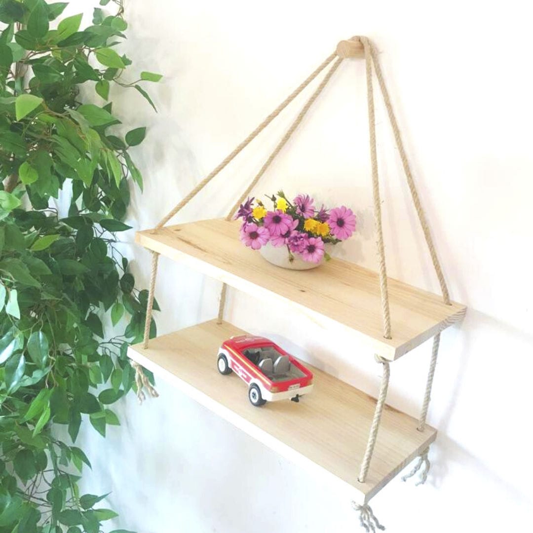 Wall-mounted shelf - Ssafia - contemporary / pine / rope