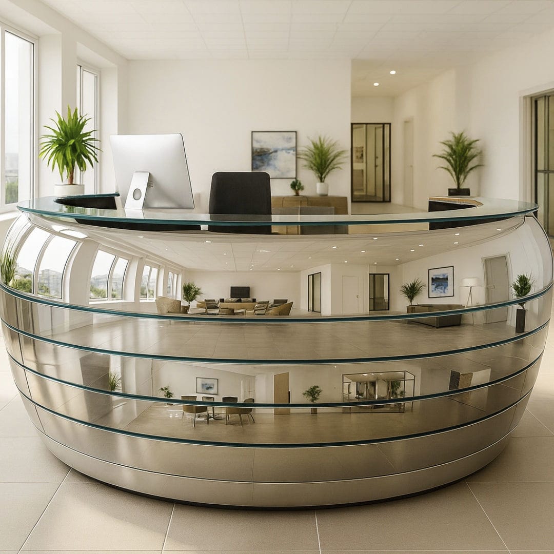 Aviation reception desk - CHECK-IN - Skypak - curved / glass / polished ...