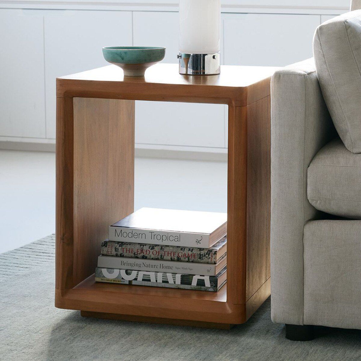 Contemporary side table - Calla - West Elm - acacia / solid wood base ...