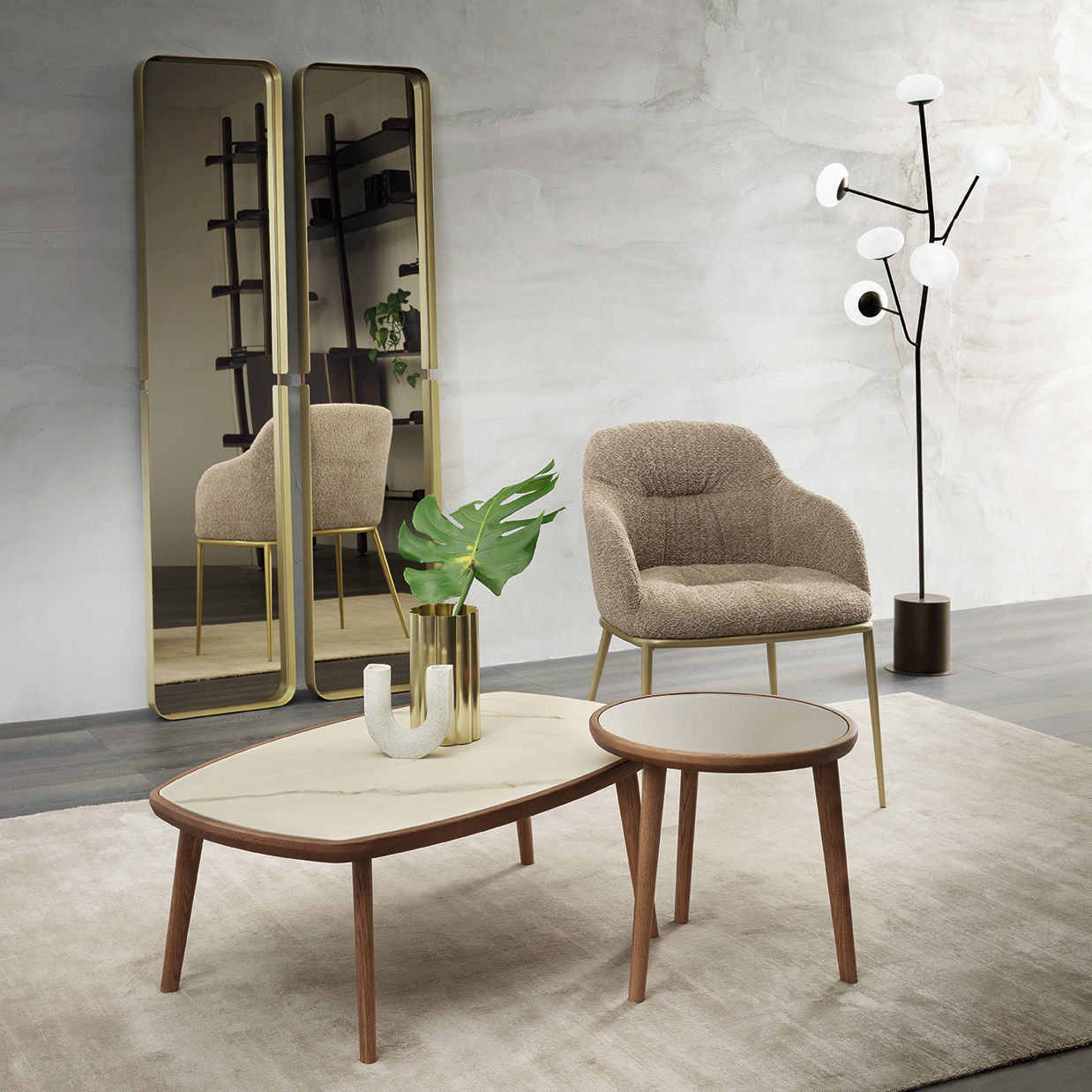 Contemporary pedestal table - WOOD - Riflessi - glass / ceramic / ash base