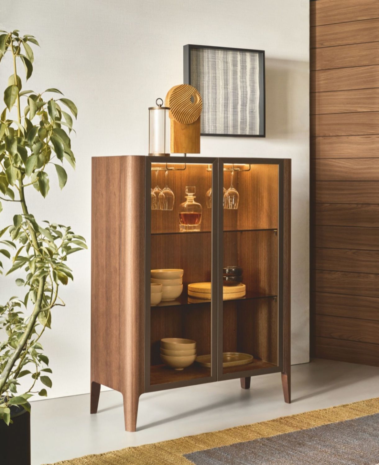 Modern display case - CROSS - Riflessi - with legs / wooden / illuminated