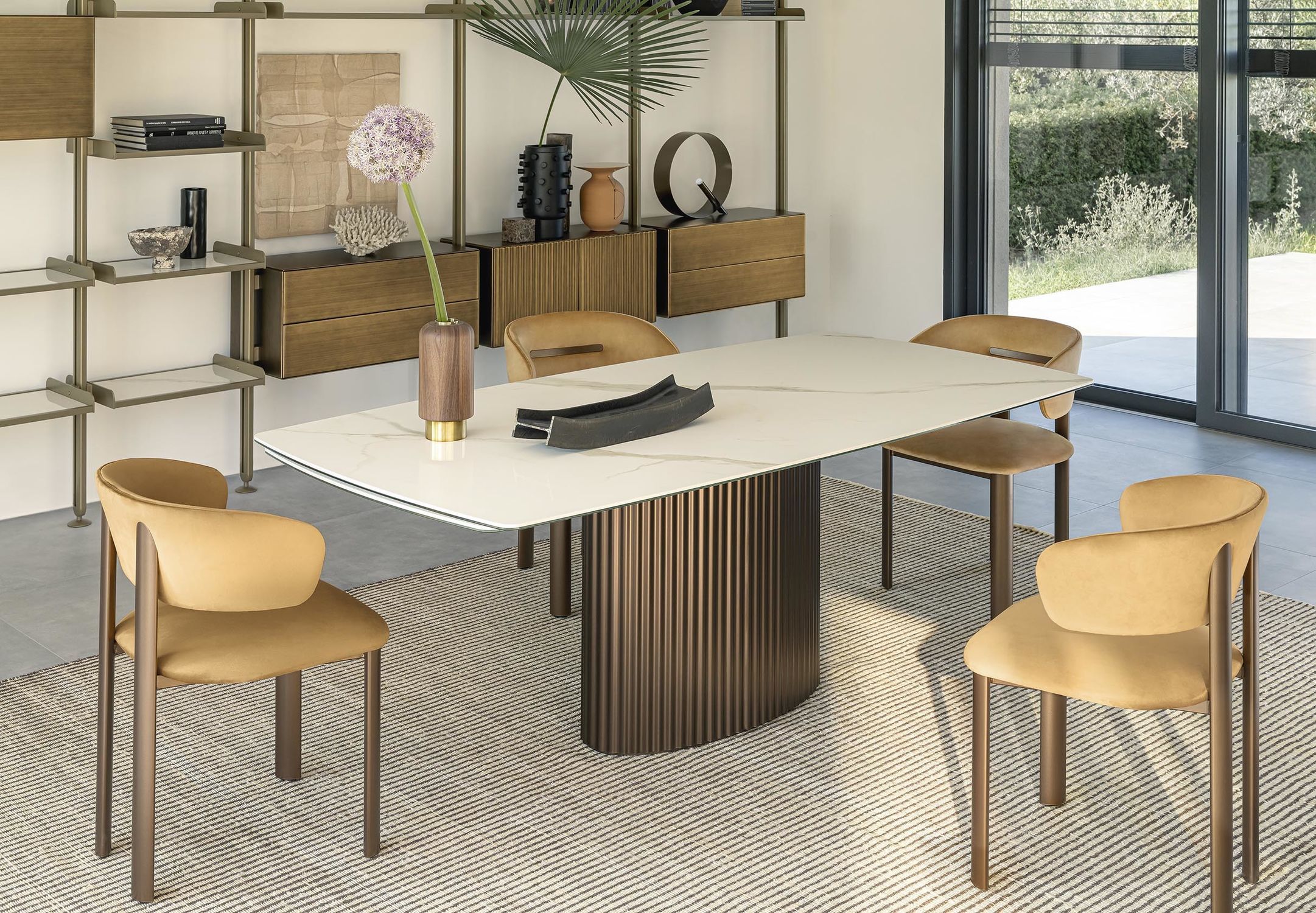 Contemporary dining table - ENEA - Riflessi - wooden / ceramic / painted metal base