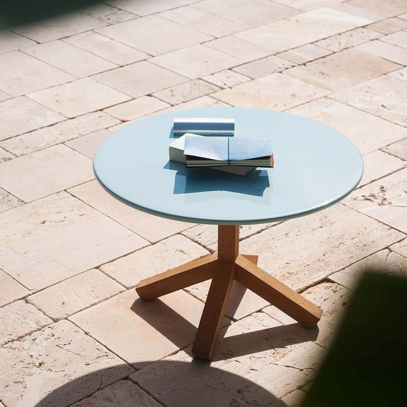Contemporary coffee table - ROOT 046 - RODA - stone / enameled sandstone / teak base