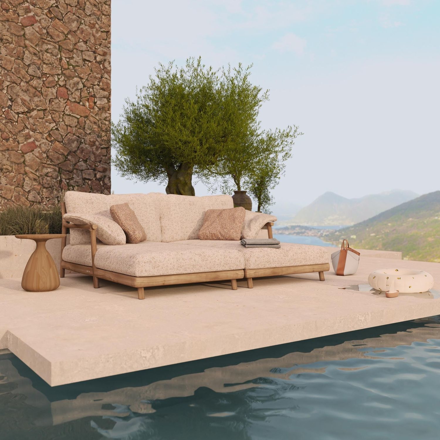 Contemporary daybed - Muyu - MANUTTI - fabric / teak / teak base